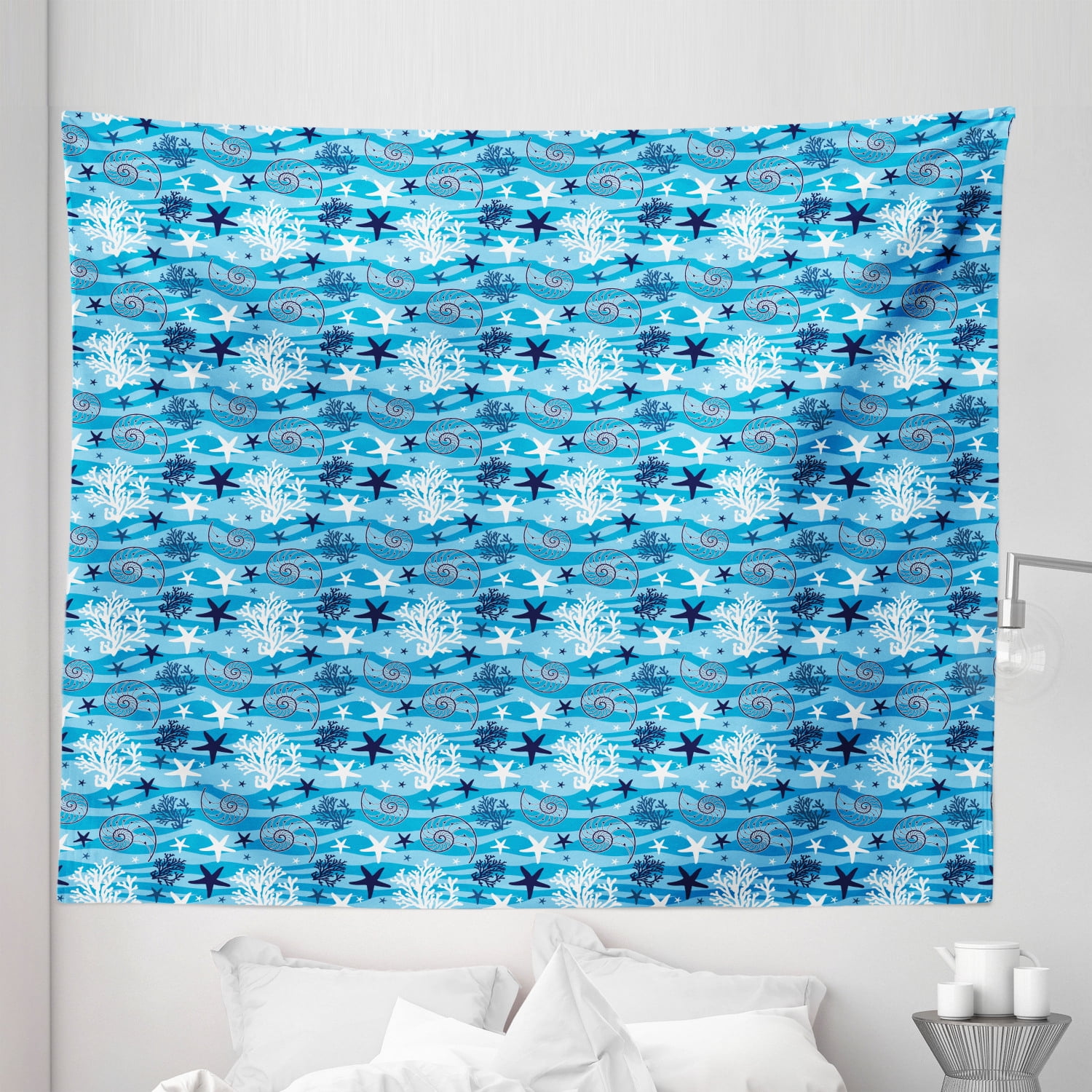 Sea Shells Tapestry, Abstract Horizontal Wavy Lines with Starfish ...