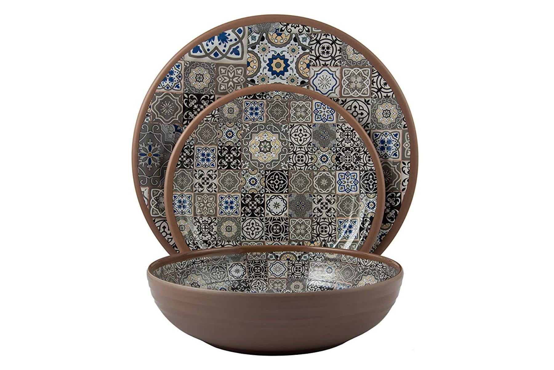 Melange 12 Piece Melamine Dinnerware Set Moroccan Tiles Shatter Proof And Chip Resistant