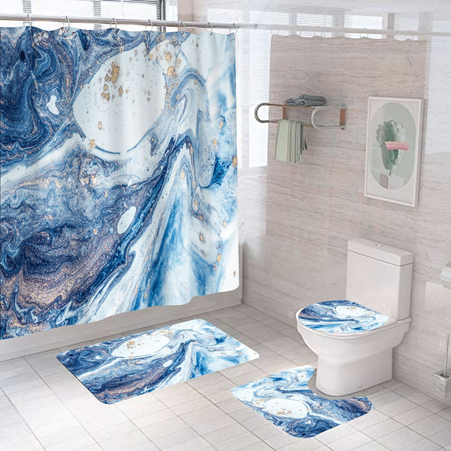 4Pcs Shower Curtain Sets, Abstract Marble Stone Blue Waterproof ...