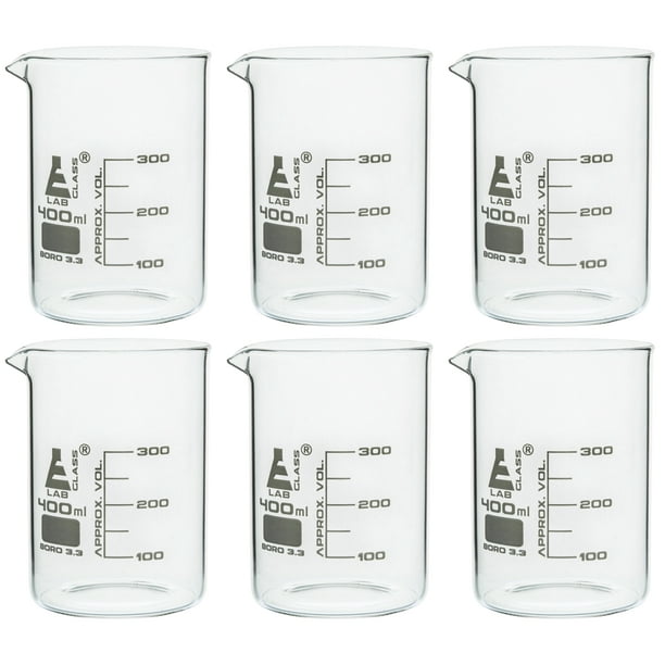 6PK Beakers, 400ml - Griffin Style, Low Form with Spout - White, 50ml Graduations - Borosilicate ...
