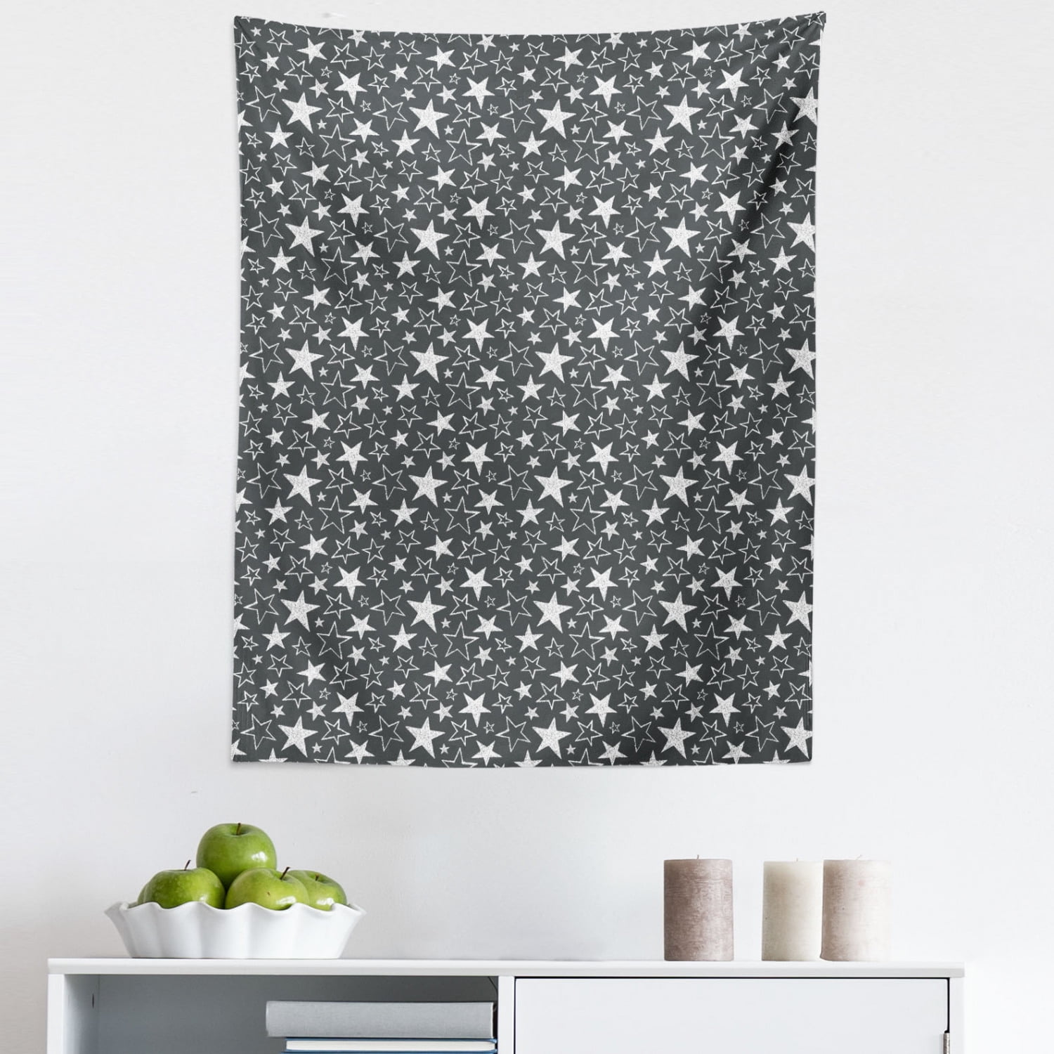 Star Tapestry, Greyscale Illustration Chalk Design Hand Drawn 5 Pointed ...