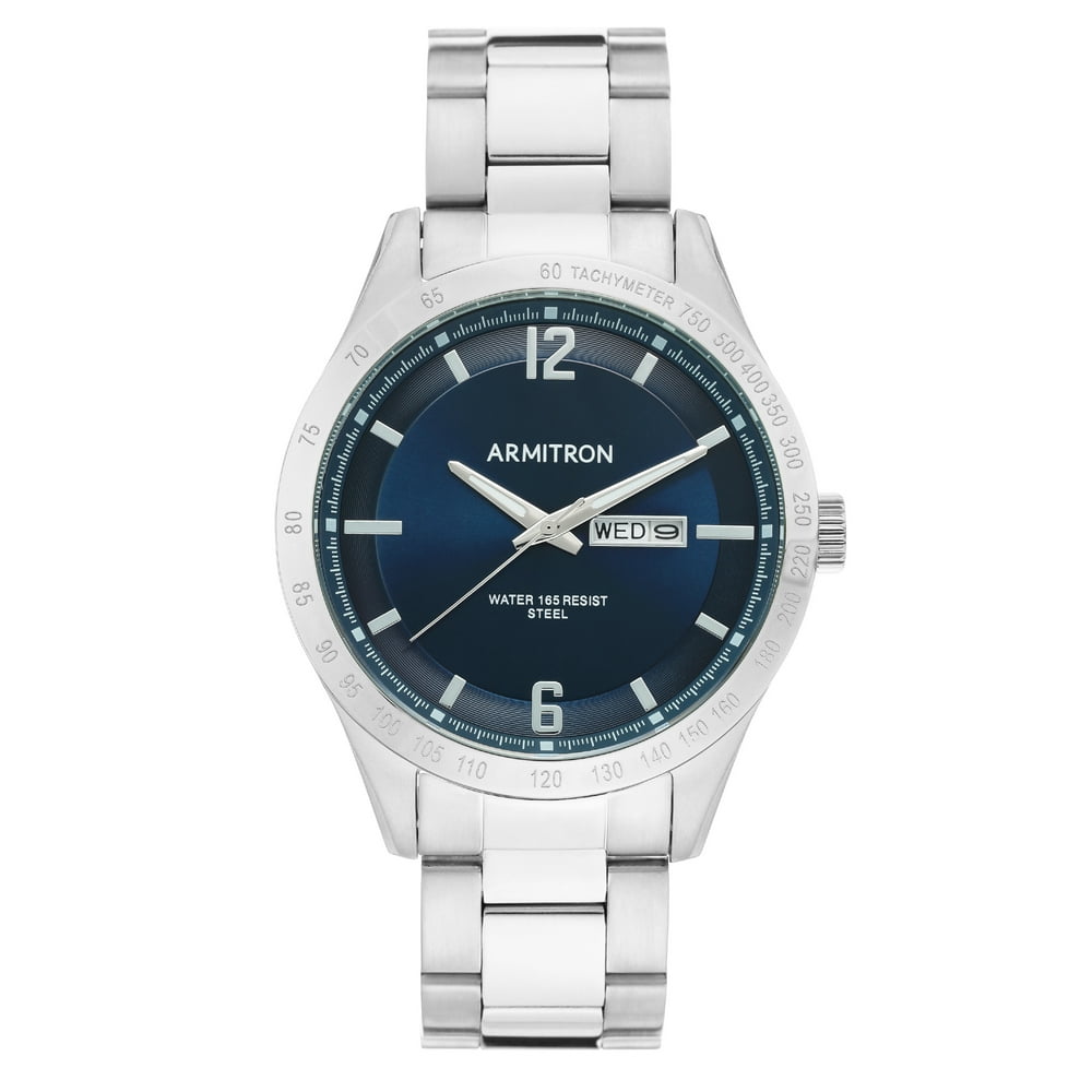 Armitron - Armitron Men's Silver-Tone and Blue Day Date Dress Watch ...