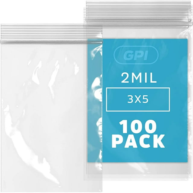 GPI 3” x 5” Reclosable Ziplock Bag 2 Mil Clear Zipper Bags, 100-Pack ...
