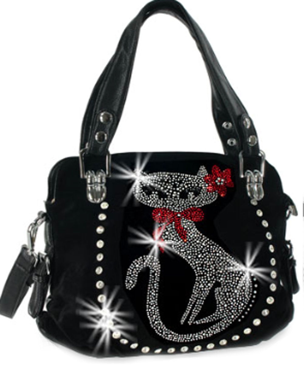 Zzfab Rhinestone Bling Cat Purse Double Handles Shoulder Bag Black ...