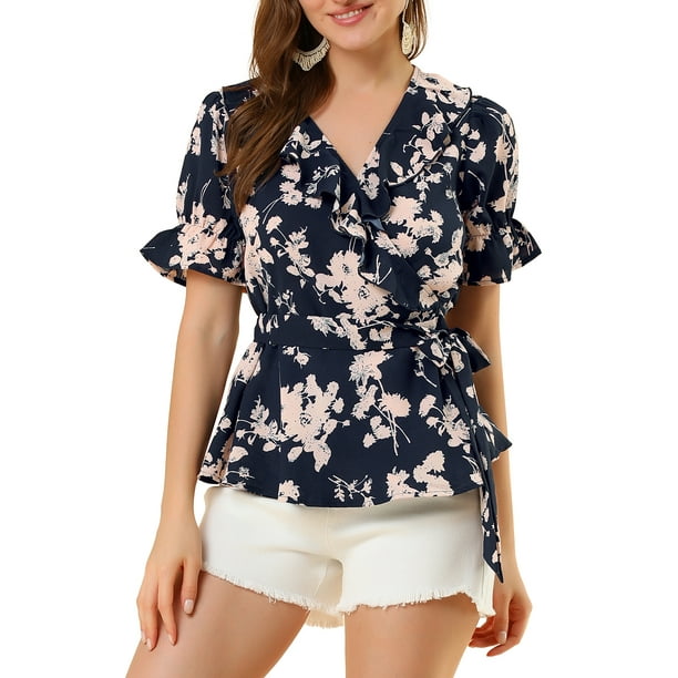 Allegra K Womens Floral V Neck Short Sleeves Round Hem Ruffled Peplum