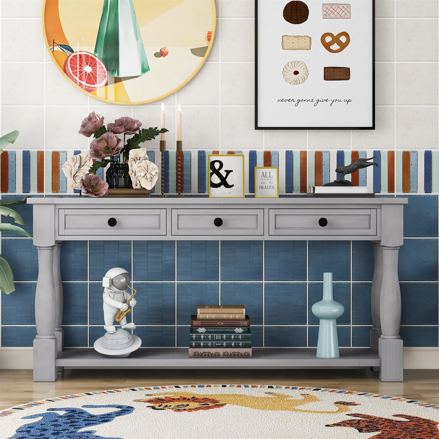 64 inch Console Table with 3 Drawers and Bottom Shelf, Farmhouse Wooden ...