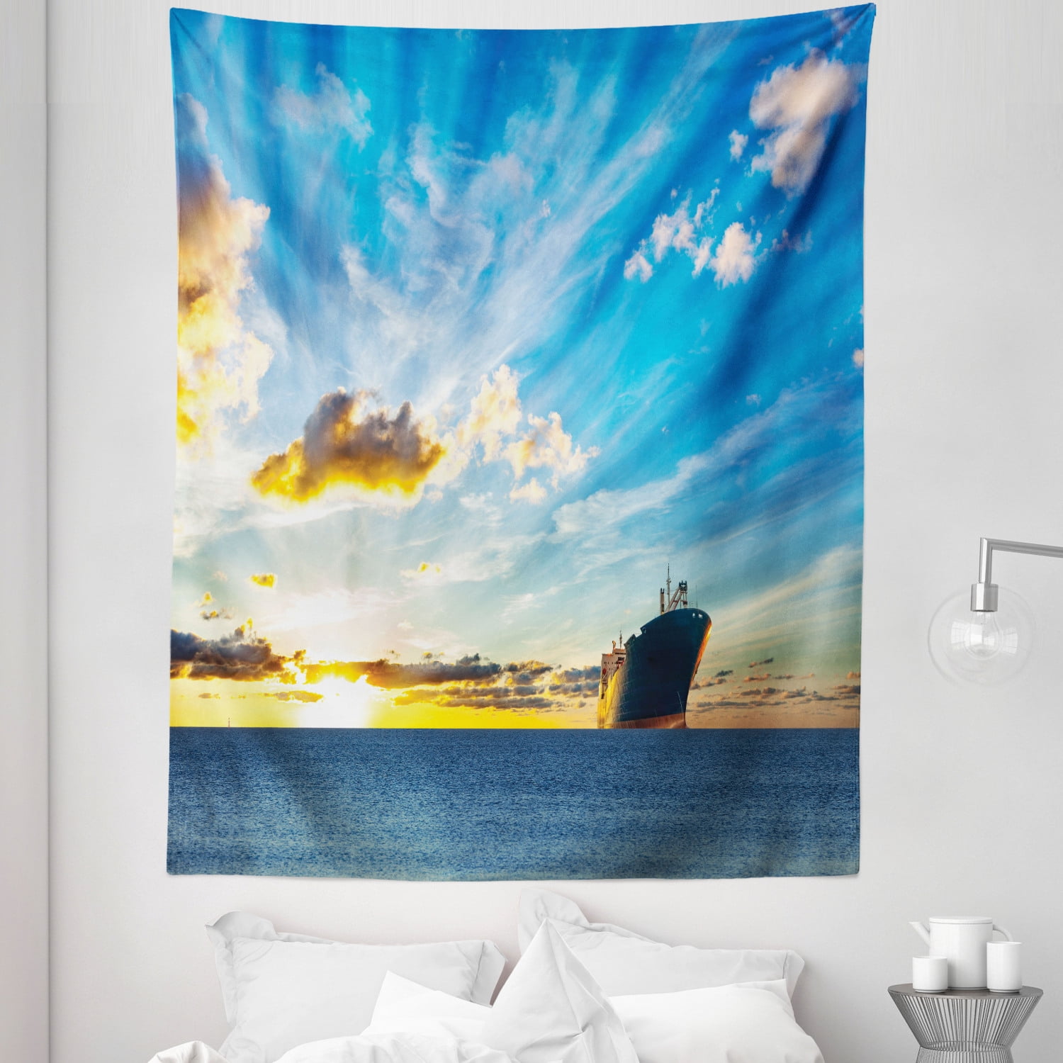 Nautical Tapestry, Scenic Dreamy Sky View with Big Commercial Ship in ...