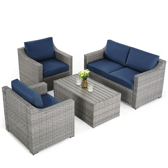 HAPPATIO 4-Piece Wicker Patio Conversation Set with Blue Cushions ...