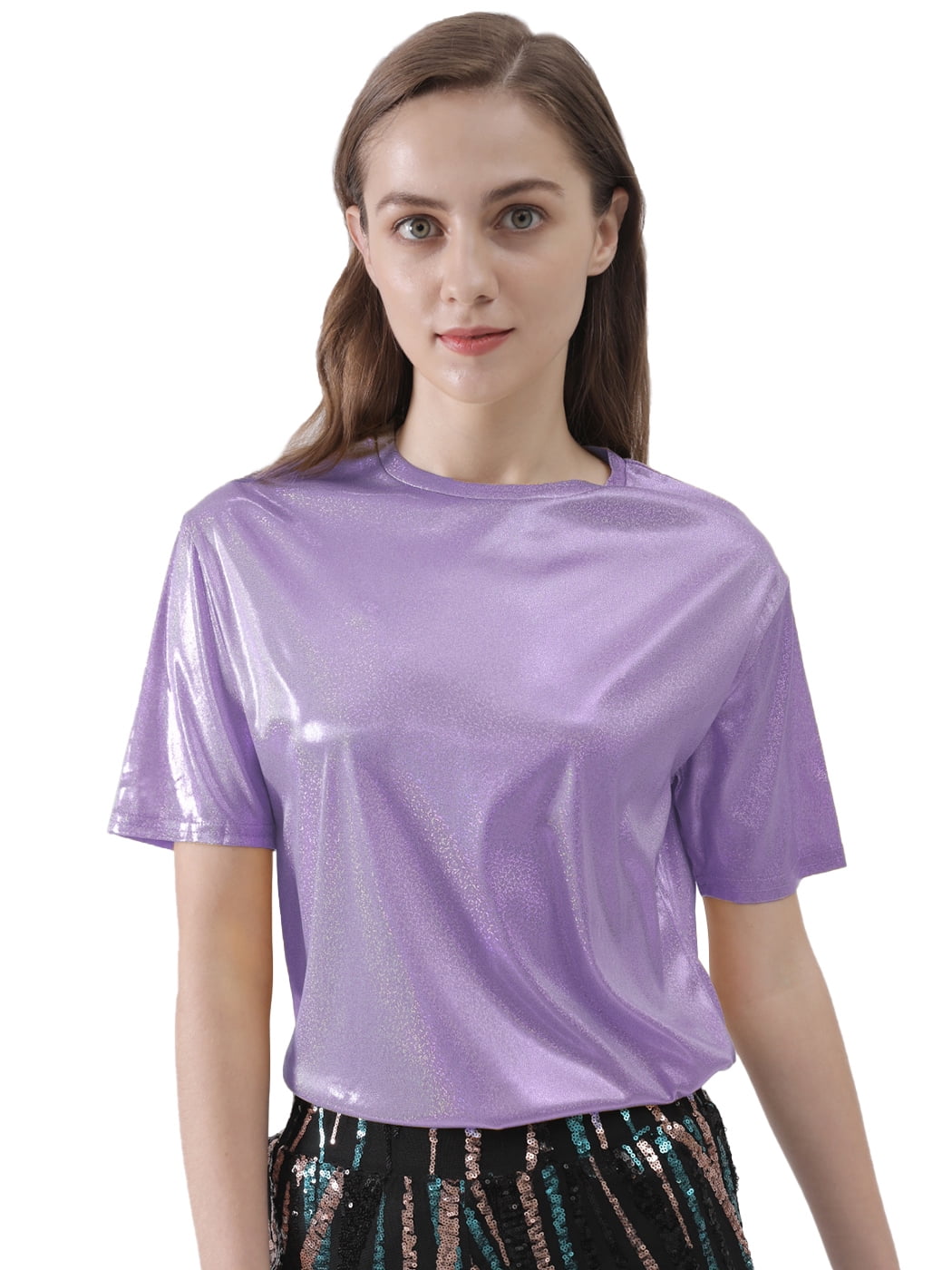 Women's Holographic Metallic Shirt Ultra Soft Top Glitter Party Disco ...