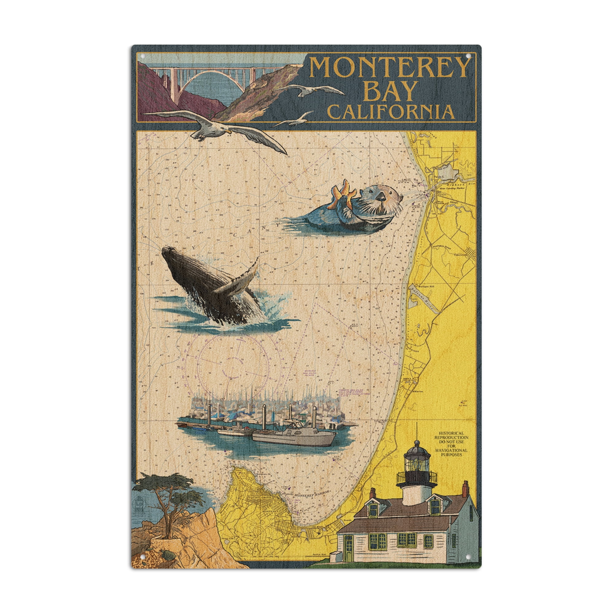 Monterey Bay, CA, Nautical Chart Birch Wood Wall Sign (6x9 Rustic Home ...