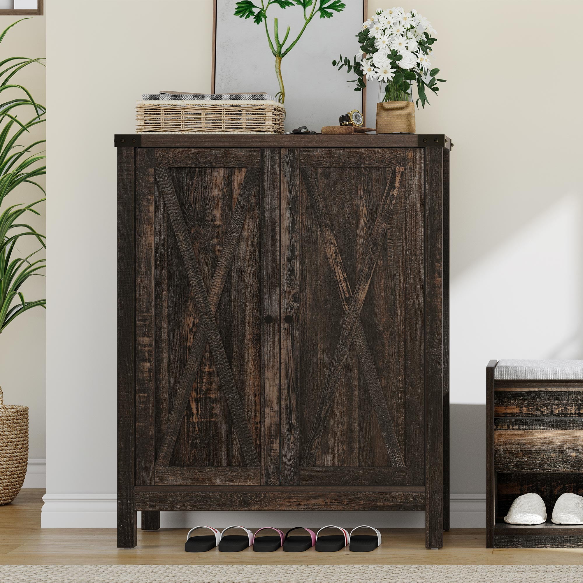 DWVO Farmhouse Shoe Cabinet with Barn Doors, 5-Tier Shoe Storage Rack ...
