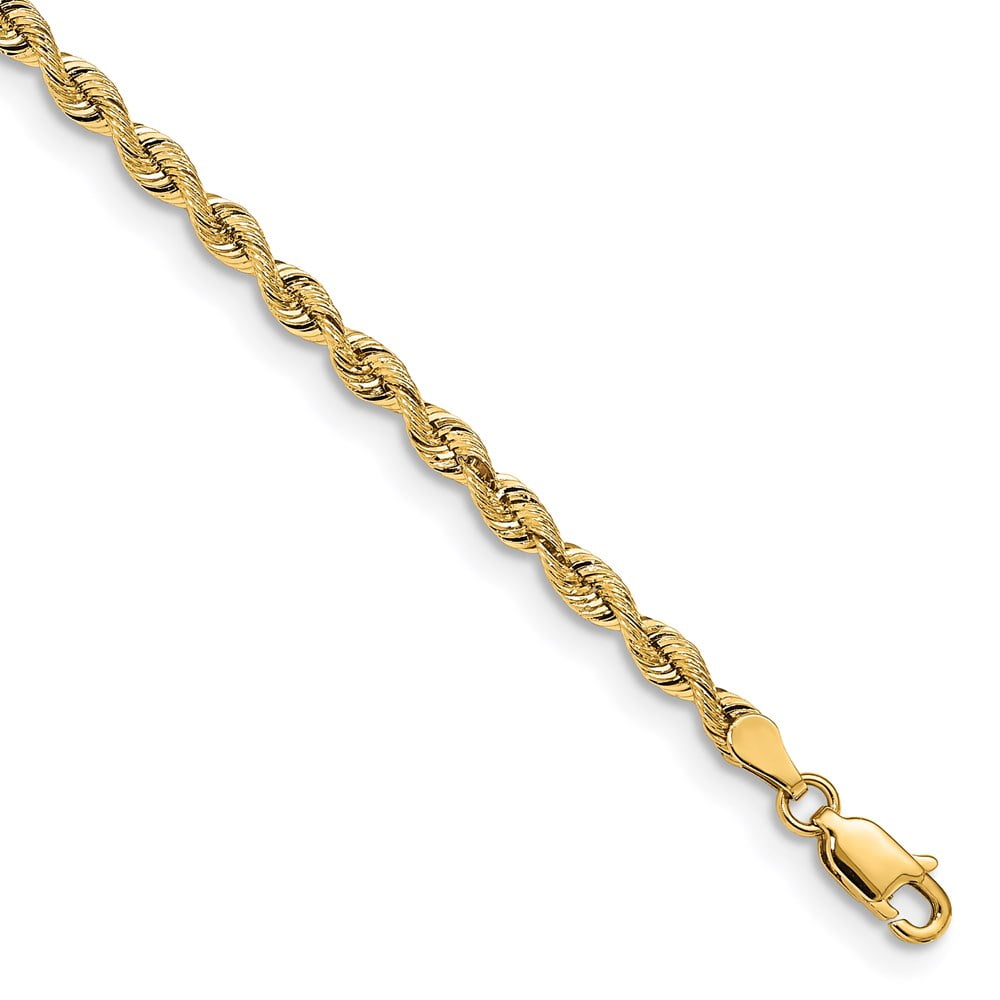 Solid 14k Yellow Gold 3.25mm Silky Rope Chain Bracelet - with Secure ...