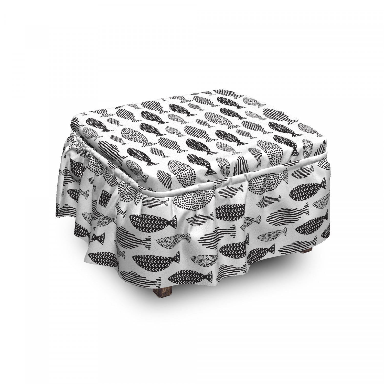 Fish Ottoman Cover, Sea Animals Black White, 2 Piece Slipcover Set with ...