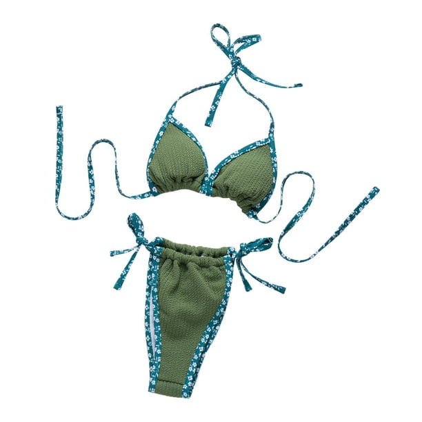 Sebtyili Womens Triangle Bikini Floral String Halter High Cut Thong