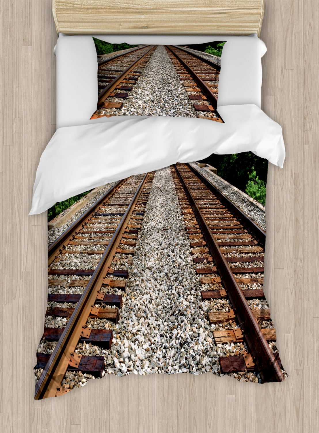 Train Track Duvet Cover Set Twin Size, Creative Photo of 2 Parallel ...
