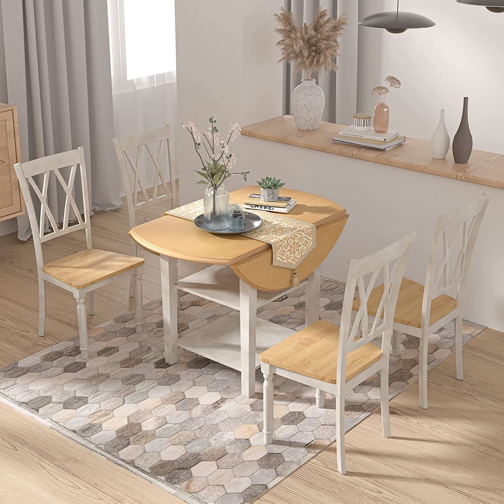 5 Piece Round Dining Kitchen Set, Drop Leaf Expandable Table with 2 ...