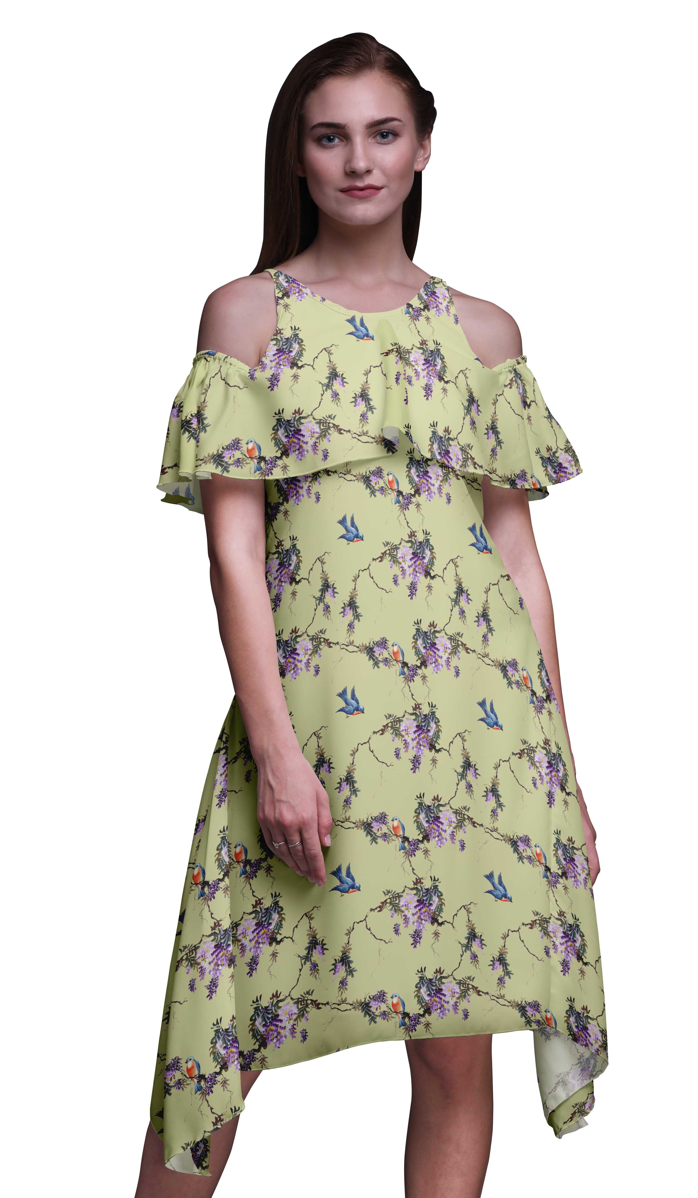 Bimba Bird Print Cold Shoulder Women Swing Tunic Flutter Sleeve Midi Dress-X-Large - Walmart.com