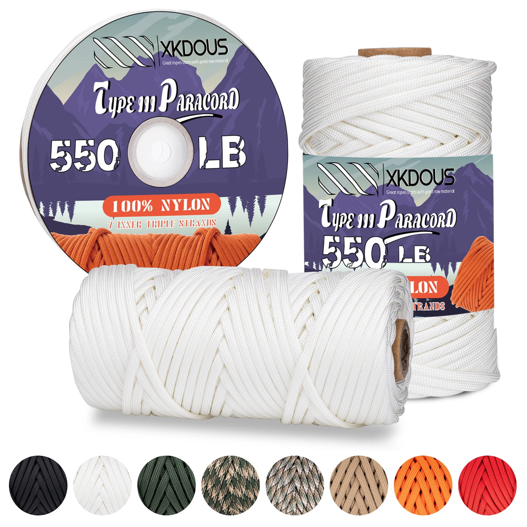 XKDOUS 550 Paracord 120ft White Parachute Cord, 100% Nylon 7 Strand ...