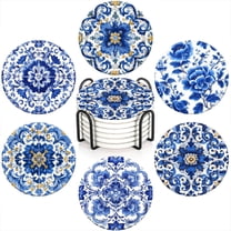 Drink Coasters Set of 6 with Holder Blue and White Porcelain Coasters ...