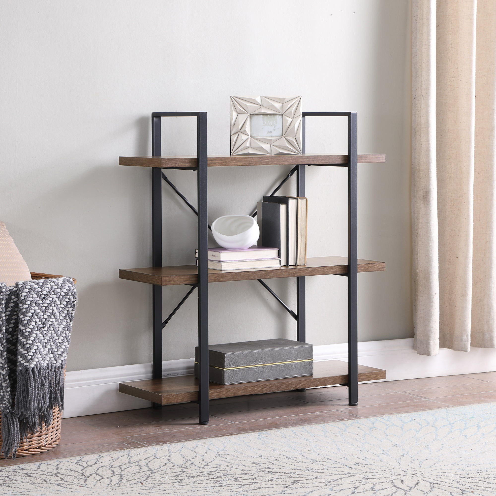BELLEZE 3 Tier Modern Rustic Industrial Bookshelf - Hazel (Dark Walnut ...