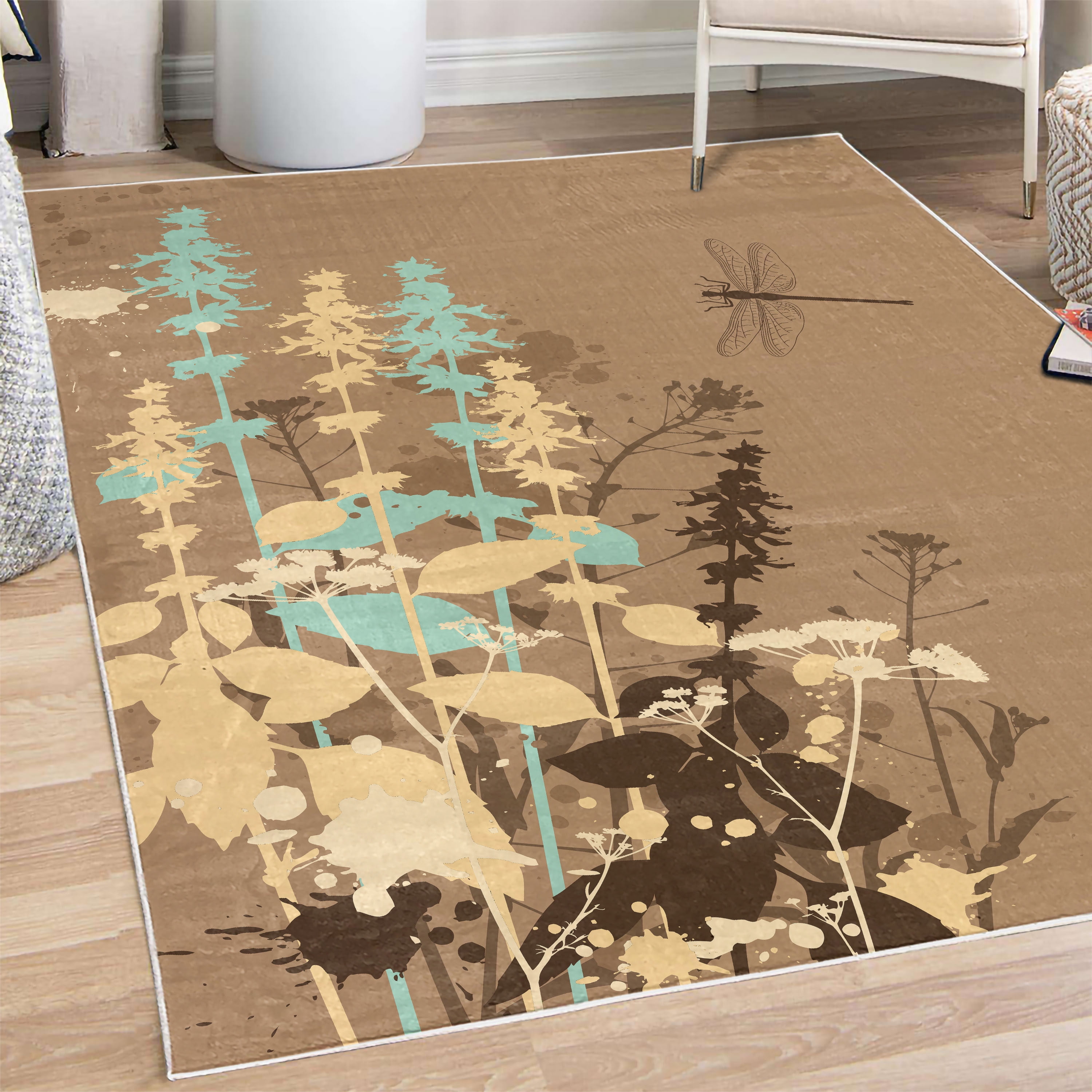 Dragonfly Decorative Rug, Nature Plants Grass with Wildflowers with ...