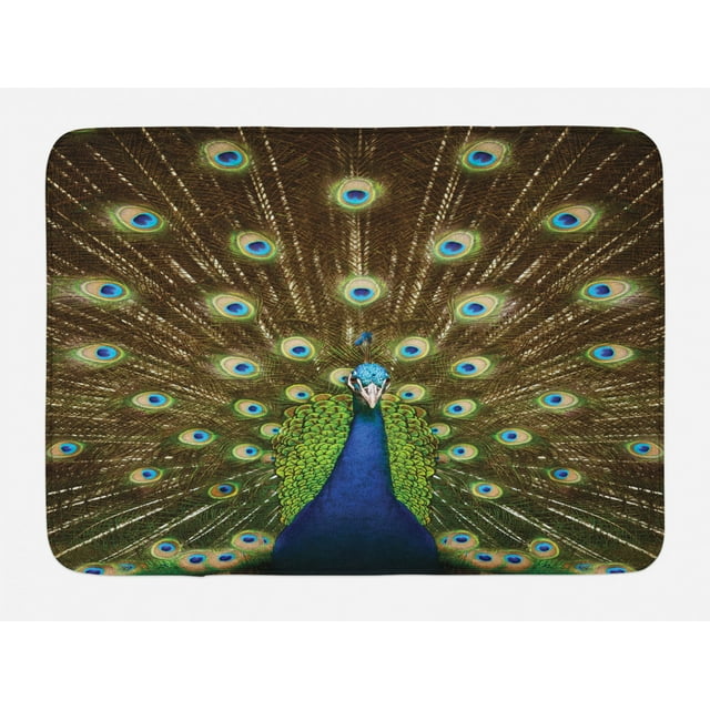 Peacock Bath Mat, Portrait of Peacock with Feathers out Vibrant Colors ...