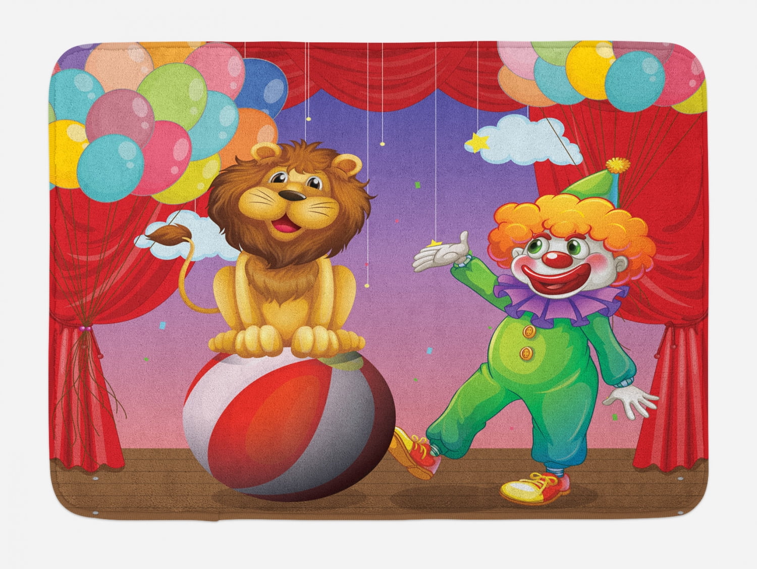 Circus Bath Mat, A Lion and a Clown at the Circus Stage Theater Curtain ...