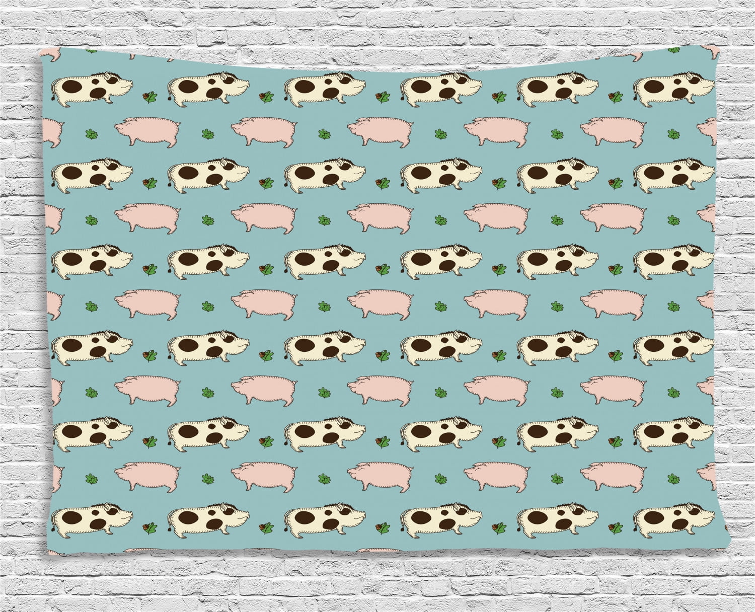 Pig Tapestry, Doodle Pattern with Pig Boar and Oak Twig Figures on Blue ...