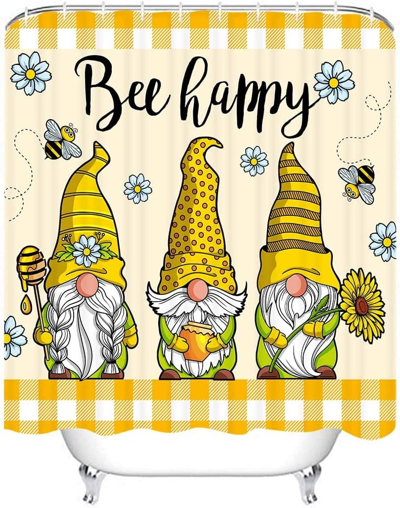 72" x 72" Bee Gnomes Shower Curtain Daisy Flower Yellow Sweet Honey Bee ...