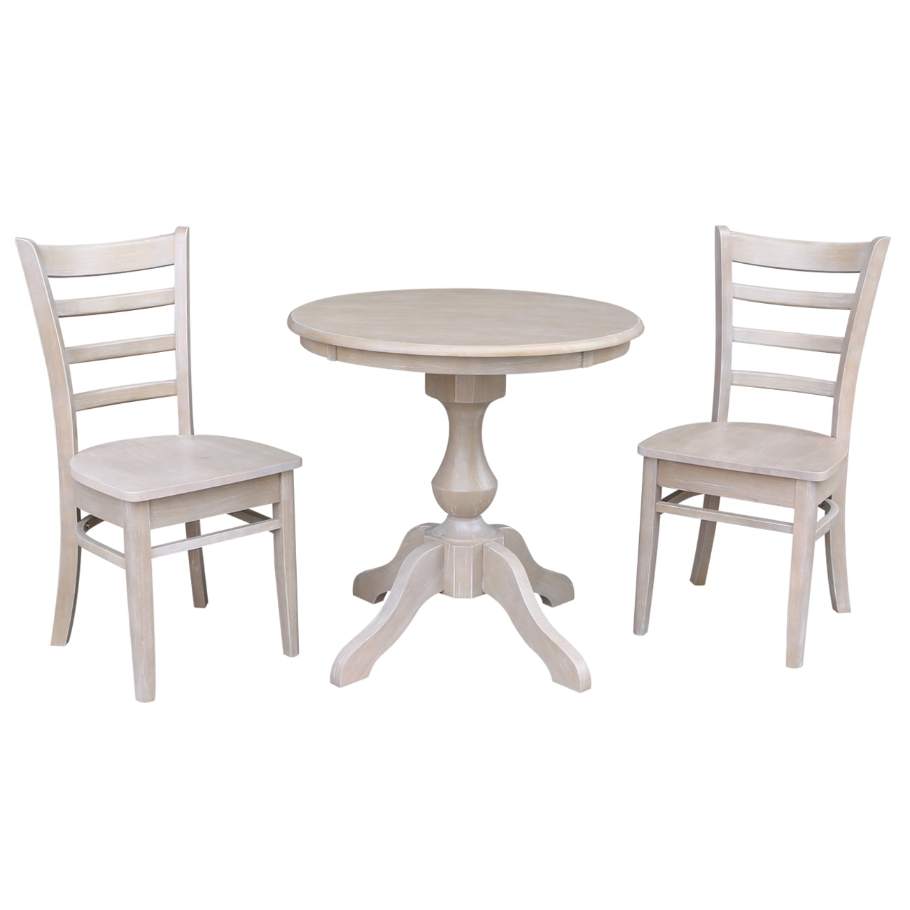 Wood 30" Round Dining Table and 2 Emily Chairs in Washed Gray Taupe ...