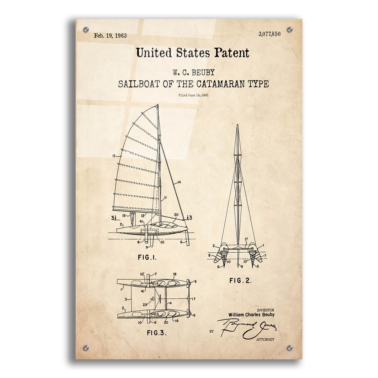 Epic Art 'Catamaran Sailboat Blueprint Patent Parchment,' Acrylic Glass ...