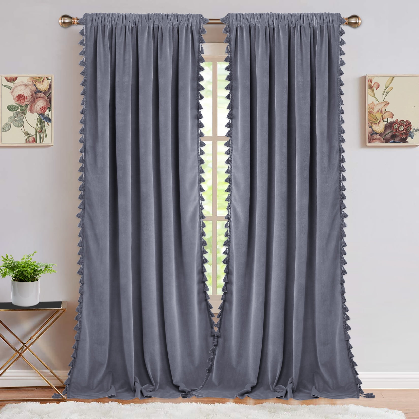 Grey Luxury Velvet Curtain Panels 42"W x 108"L, Room Darkening Rod ...