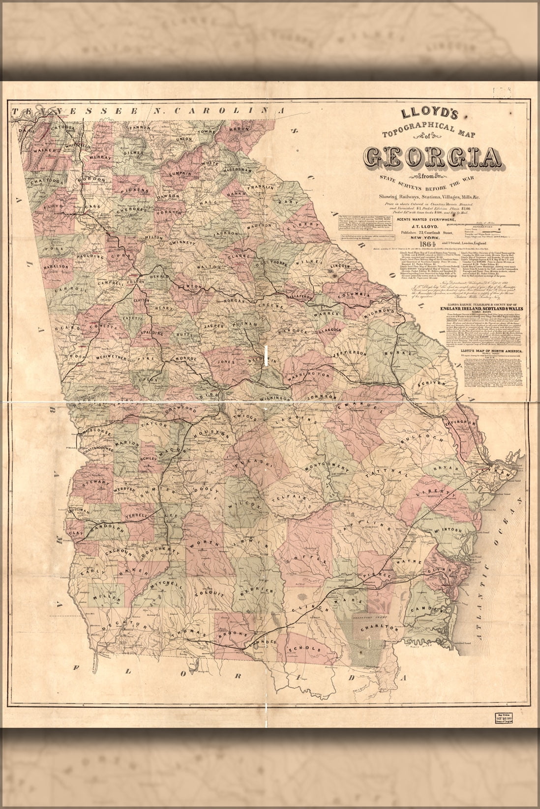 24"x36" Gallery Poster, Lloyds Topographical map of Georgia 1864 ...