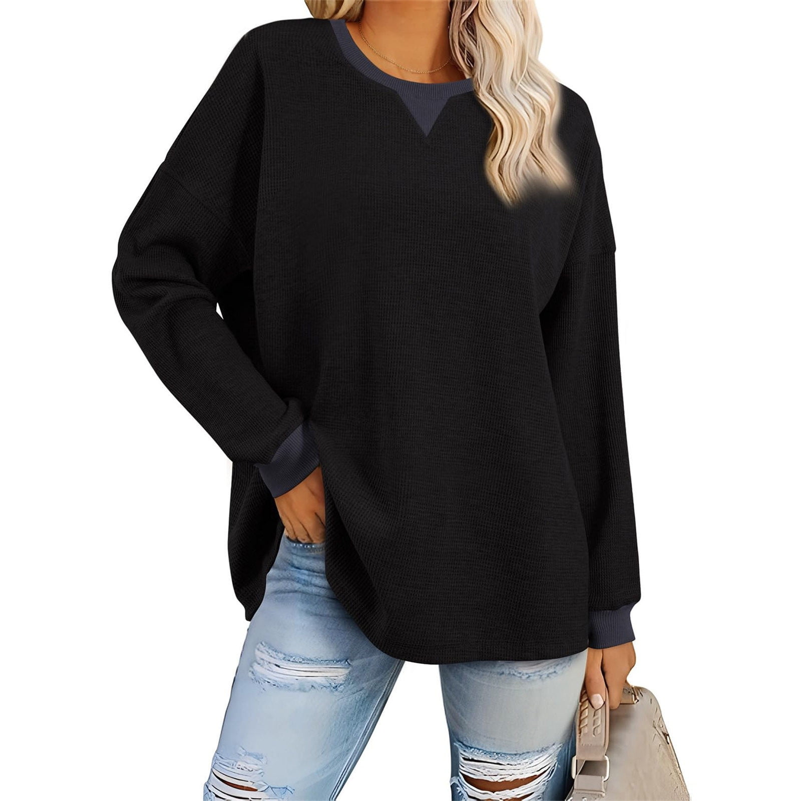 Click here for Cflvaek Crewneck Tshirts Women Oversized Waffle Kn... prices