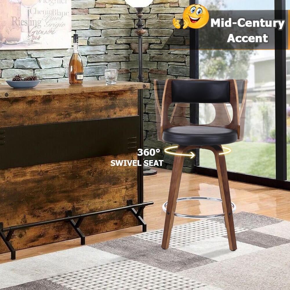 2 Pack Mid Century Bar Stools 26 Wood Counter Stools Swivel Barstools Bar Chair with PU Upholstered Seat Backrest and Foot Ring