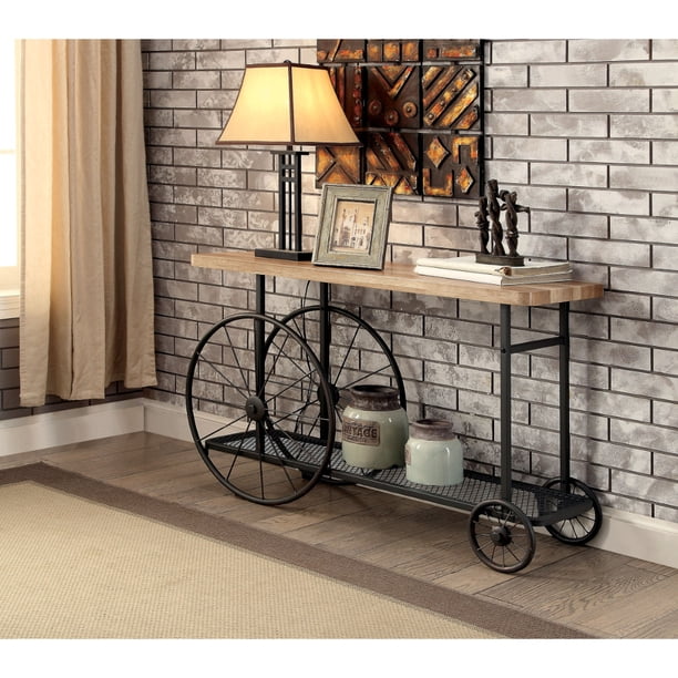 Walker Edison Sofa Console Table With Wooden Top and Metal Wheels Base ...