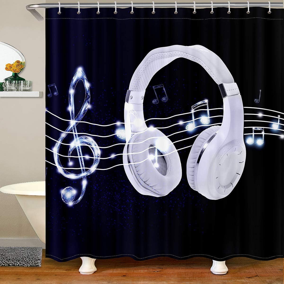 Headphones Fabric Bathroom Shower Curtain Music Note Melody Curtain ...
