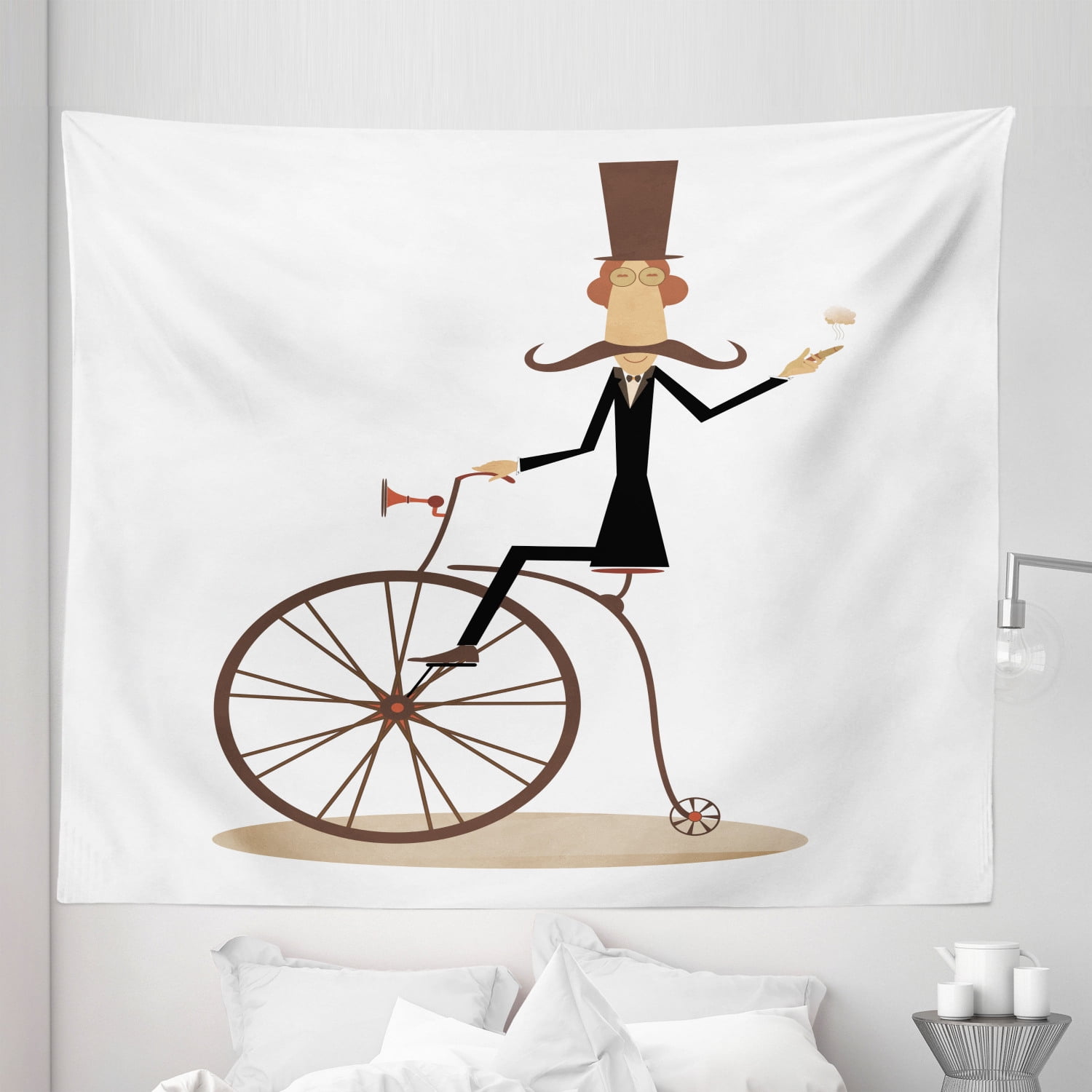 Cigar Tapestry, Gentleman with Mustache Top Hat Umbrella Retro Bike and ...