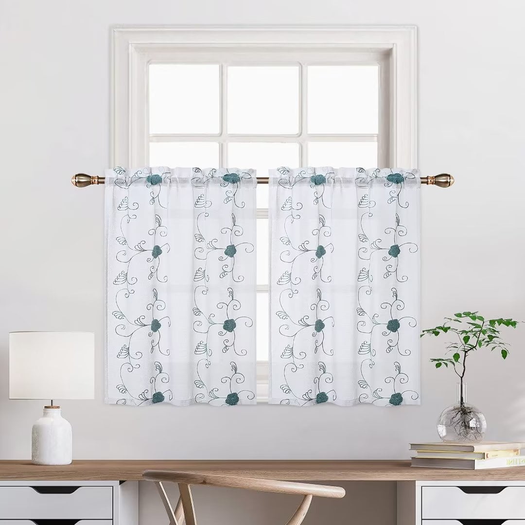 VELBAY Half Window Curtain Embroidered Sheer Cafe Curtains 24 Inch ...