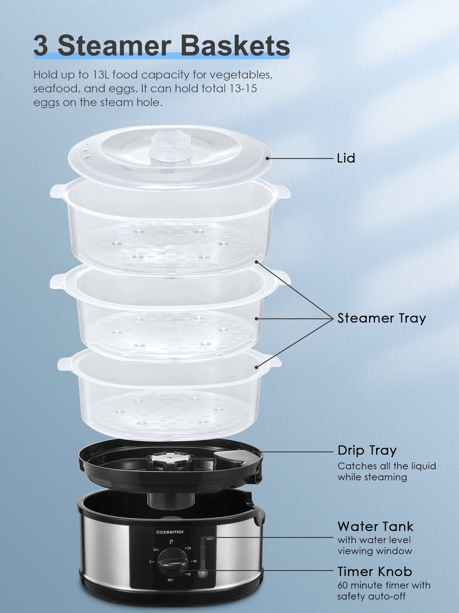Digital Kitchen Steamer 26L Food Steamer With Touch Control – 2-Tier ...