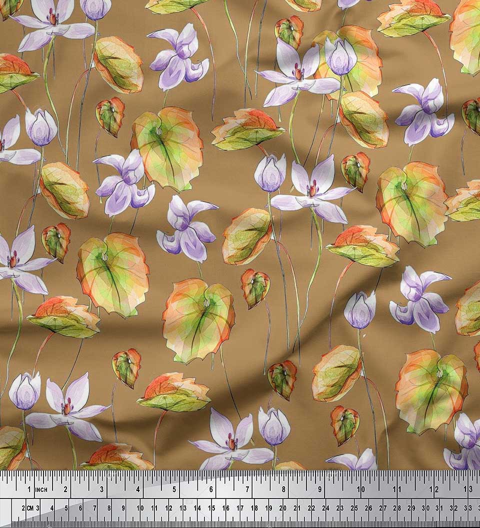 Soimoi Brown Japan Crepe Satin Fabric Leaves & Purple Floral Print ...