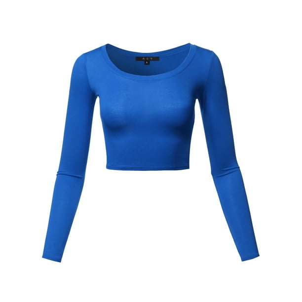 A2y A2y Womens Basic Solid Stretchable Scoop Neck Long Sleeve Crop