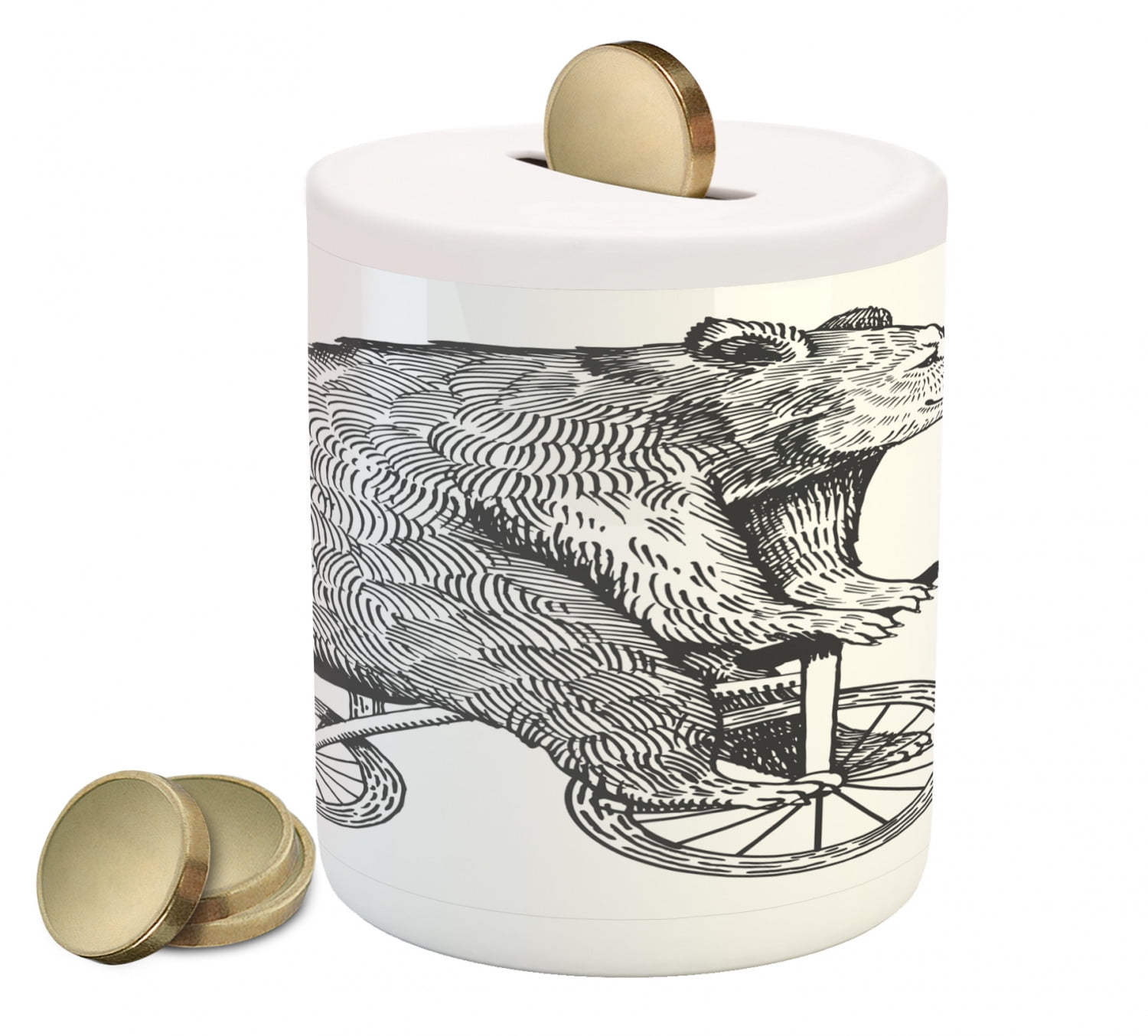 Bicycle Piggy Bank, Circus Bear on a Bicycle Sketchy Illustration ...