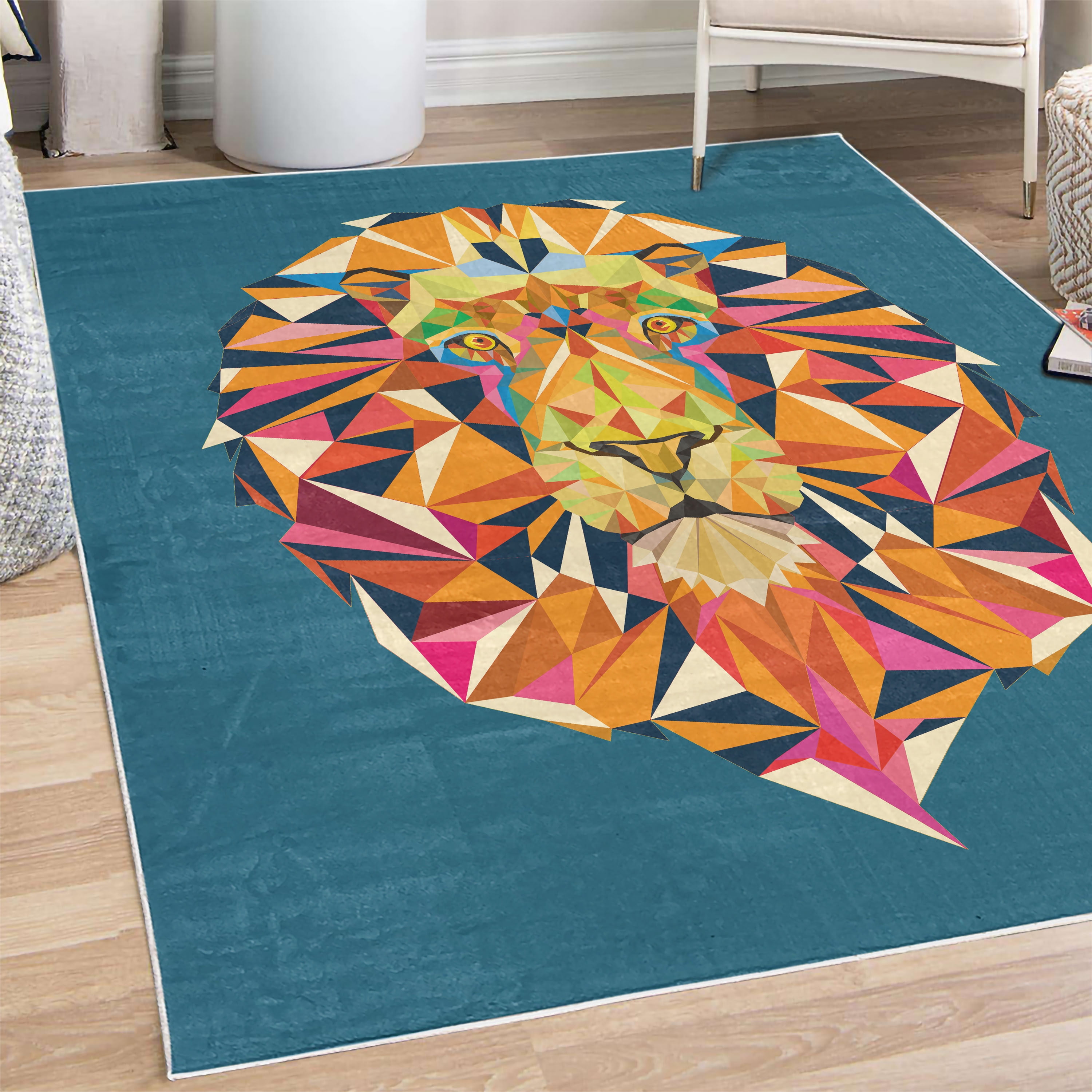 Zoo Decorative Rug, Colorful Animals Geometric Diamond Face Lions Mane ...