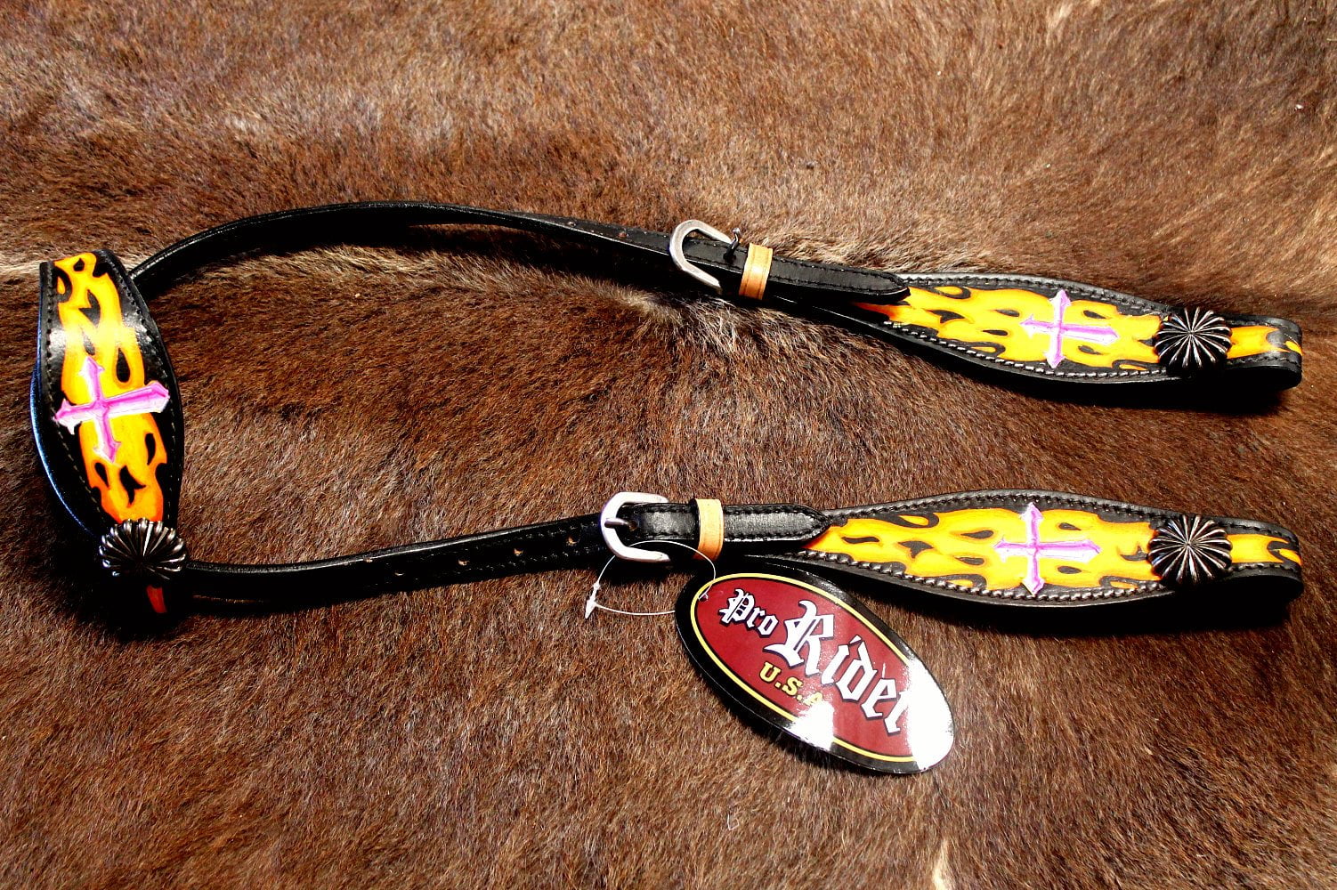 Horse Show Bridle Western Leather Headstall Tack Pink Yellow Cross ...