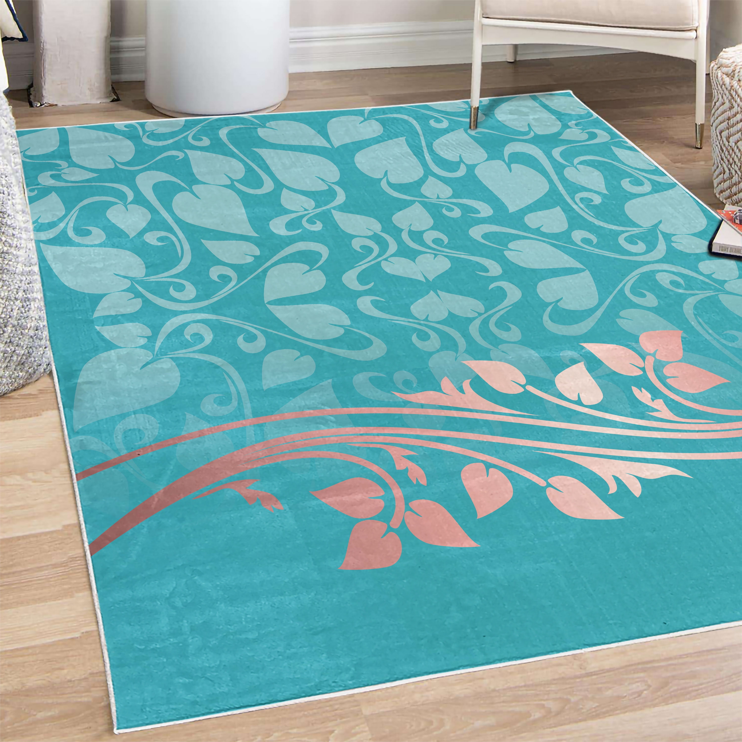 Floral Decorative Rug, Romantic Royal Leaf Pattern Yellow Colored ...