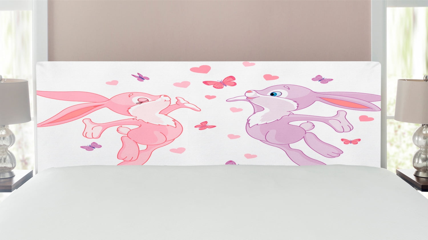 Butterfly Headboard, Valentine Bunnies Kissing in Air with Love Hearts ...