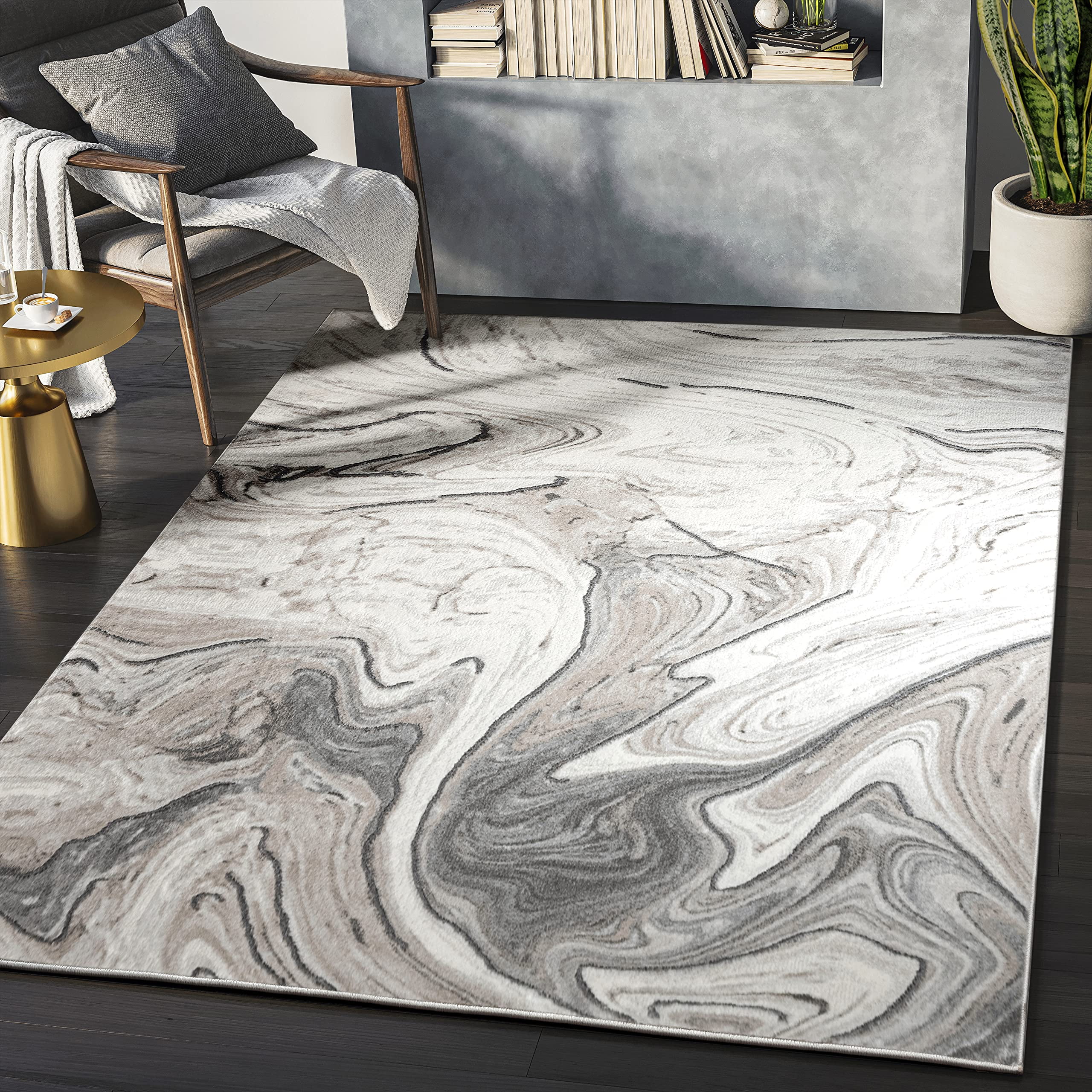 Abani Luna Collection Liquid Metal 4' x 6' Cream Grey Modern Area Rug ...