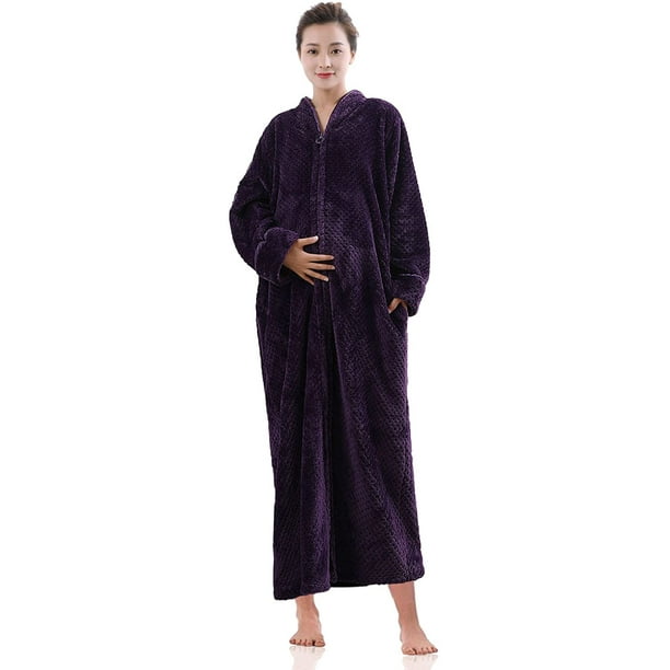 Women Zip Up Bathrobe Woman Zipper Fleece Plush Robe Ladies Warm Long ...