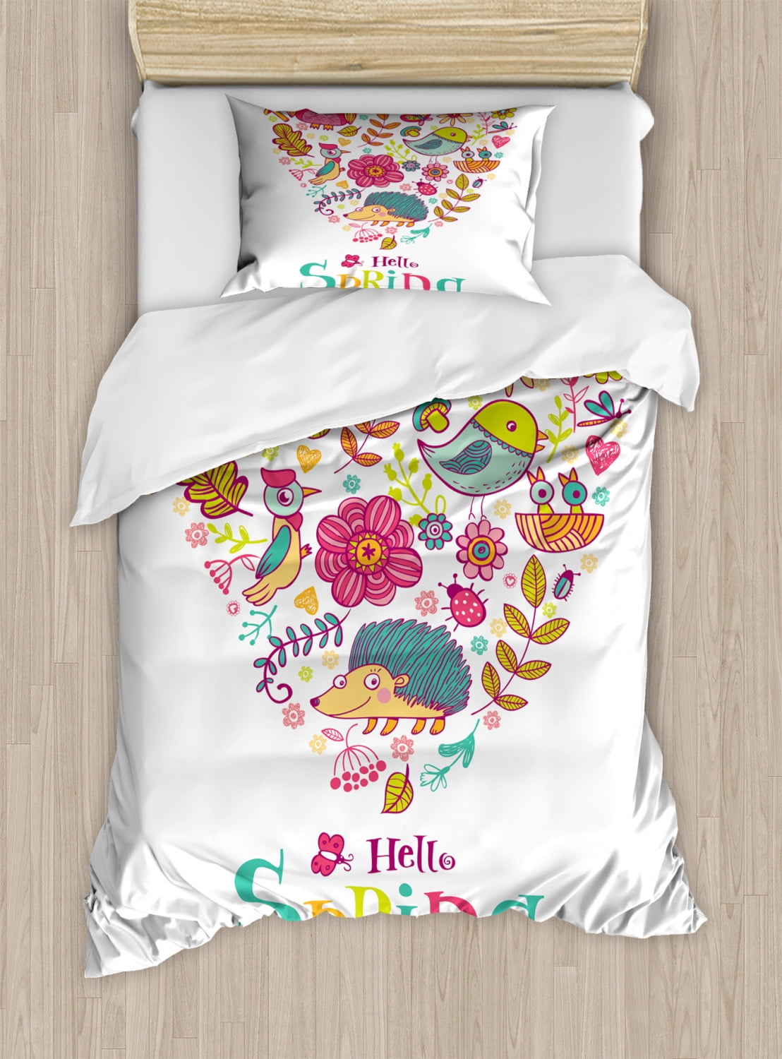Hello Twin Size Duvet Cover Set, Doodle Style Hello Spring Quote ...